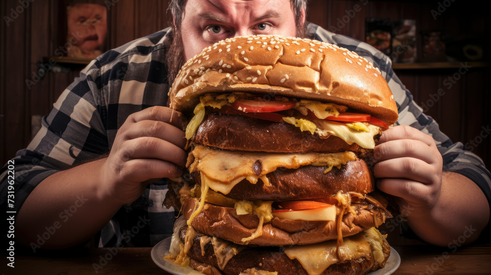 Unhealthy Indulgence: A man succumbs to temptation, devouring a massive ...
