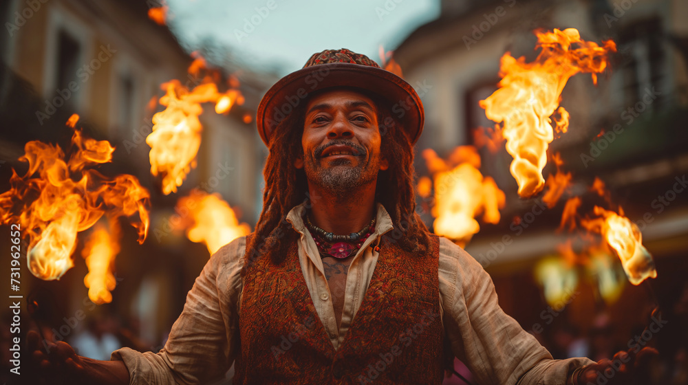 flamboyant street performer man in hat and dreadlocks in old fashioned ...
