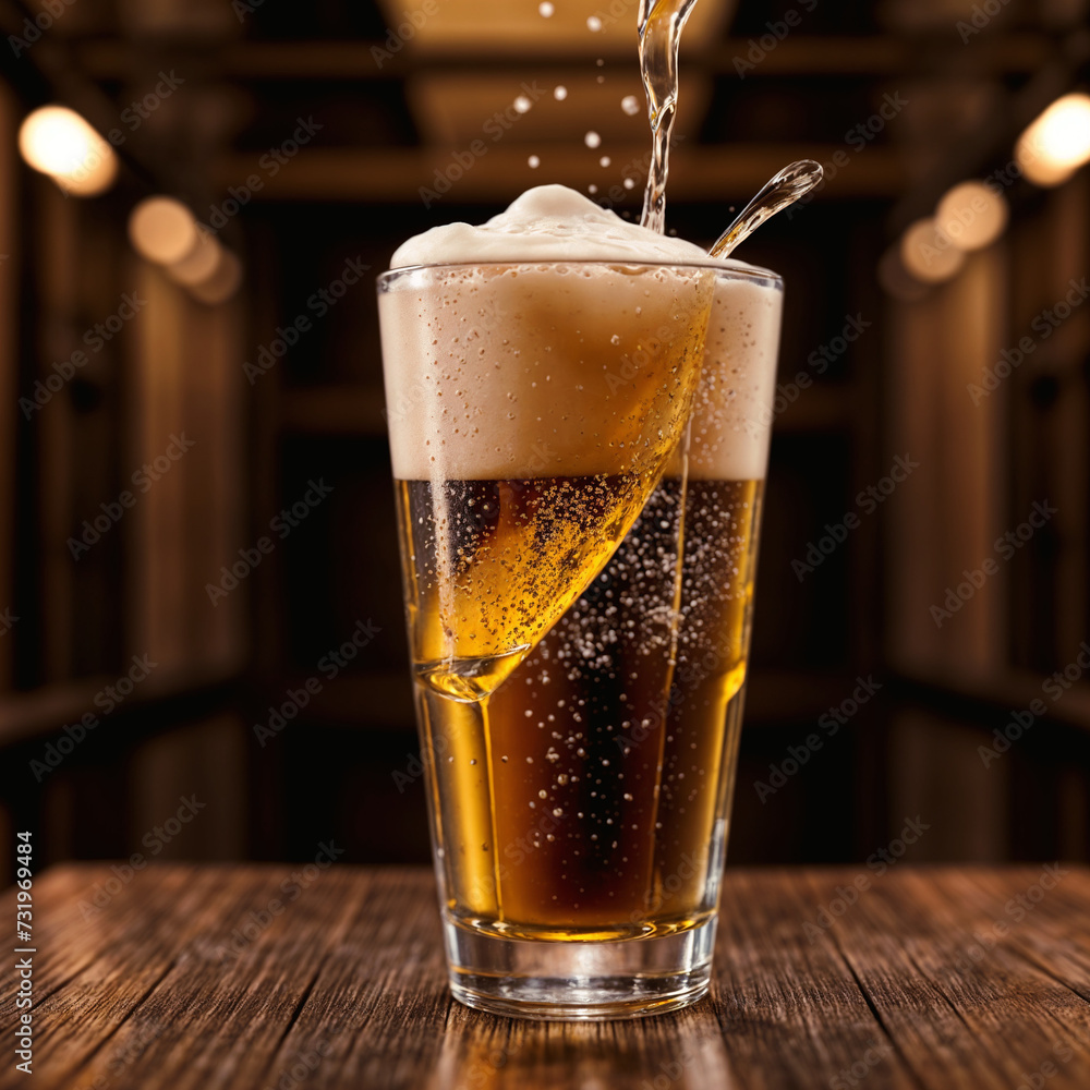cerveza servida en un vaso largo con espuma y burbujas, salpicadura ...
