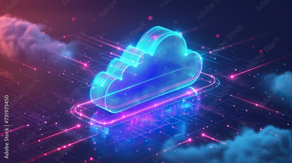 Futuristic concept art depicting cloud computing, featuring a neon ...