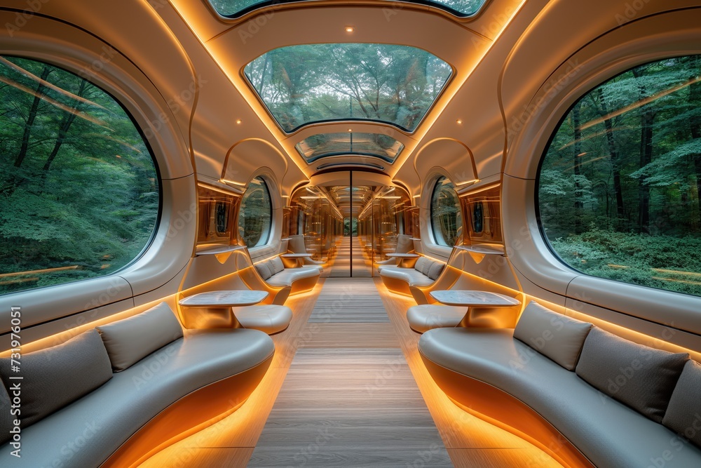 Interior of a futuristic luxury train carriage passing through a forest ...