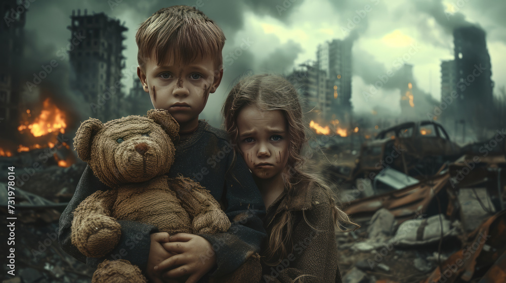 Desperate Poor Afraid Child boy and girl crying Standing holding Old ...