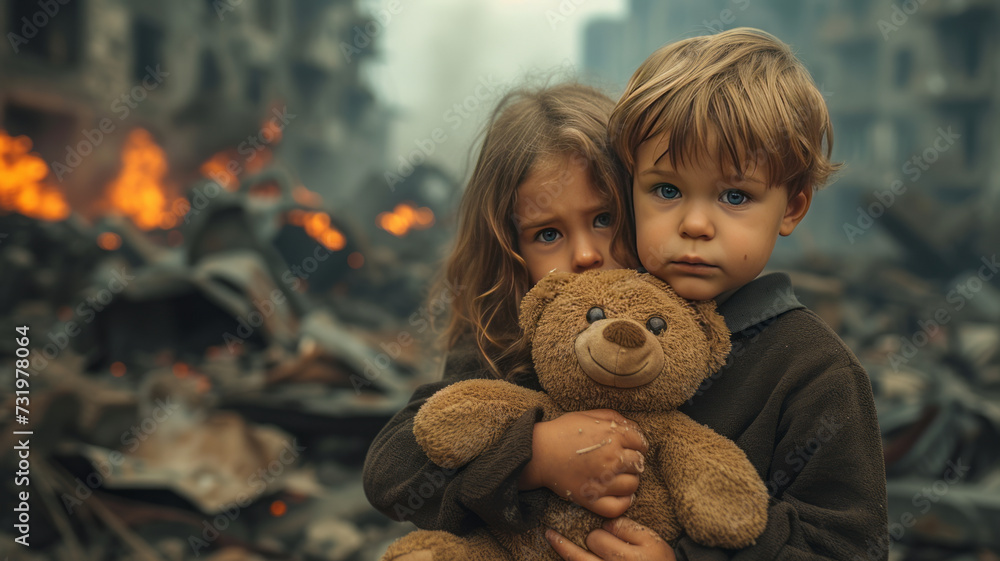 Desperate Poor Afraid Child boy and girl crying Standing holding Old ...