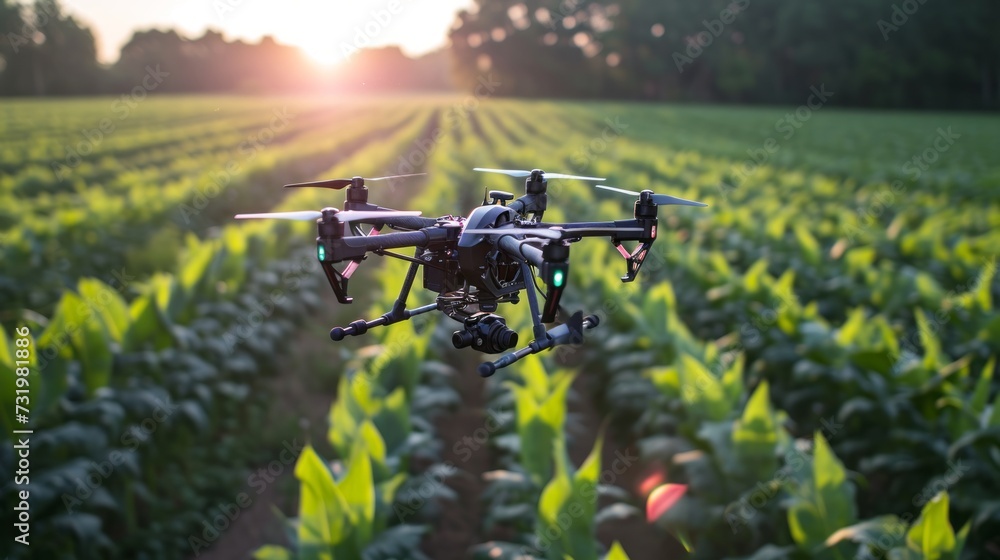 Close-up of agricultural drone flying over vast farm field. Bright ...