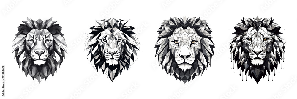 Set of lion face silhouette formed by geometric shapes on a transparent ... Set of lion face silhouette formed by geometric shapes on a transparent ...
