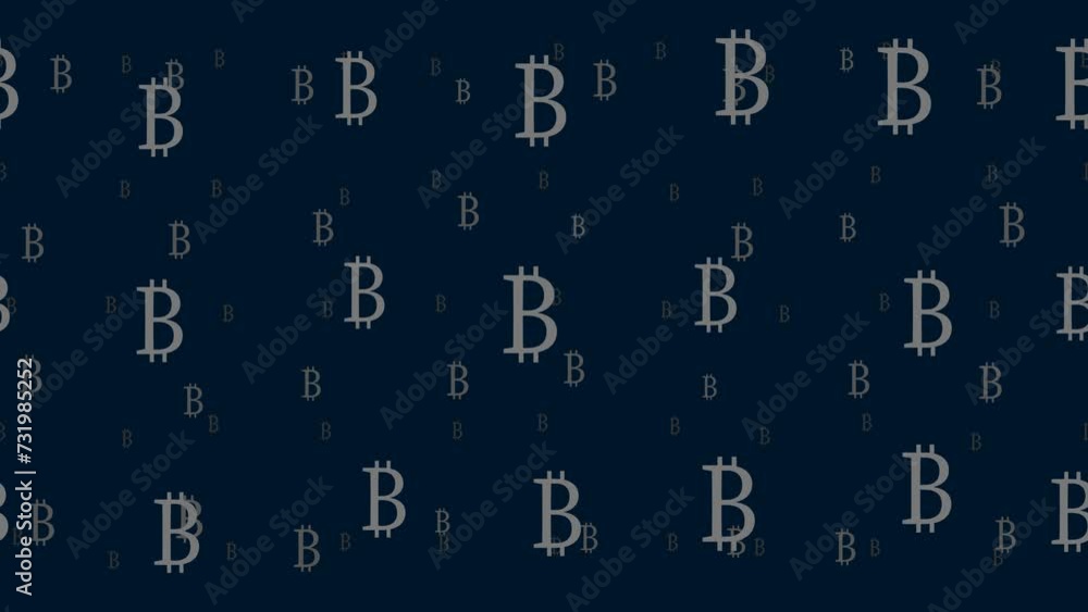 Bitcoin symbols float horizontally from left to right. Parallax fly ...