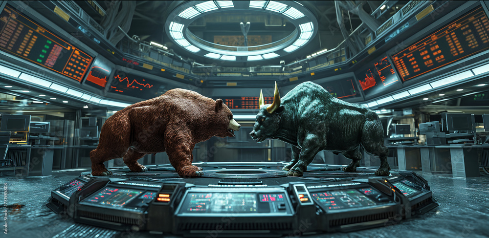 bear and a bull face each other aggressively inside a high-tech control ...