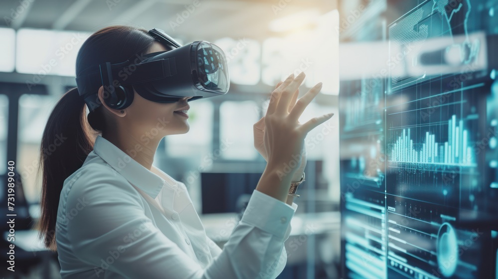 Businesswomen using VR glasses to view educational material and ...