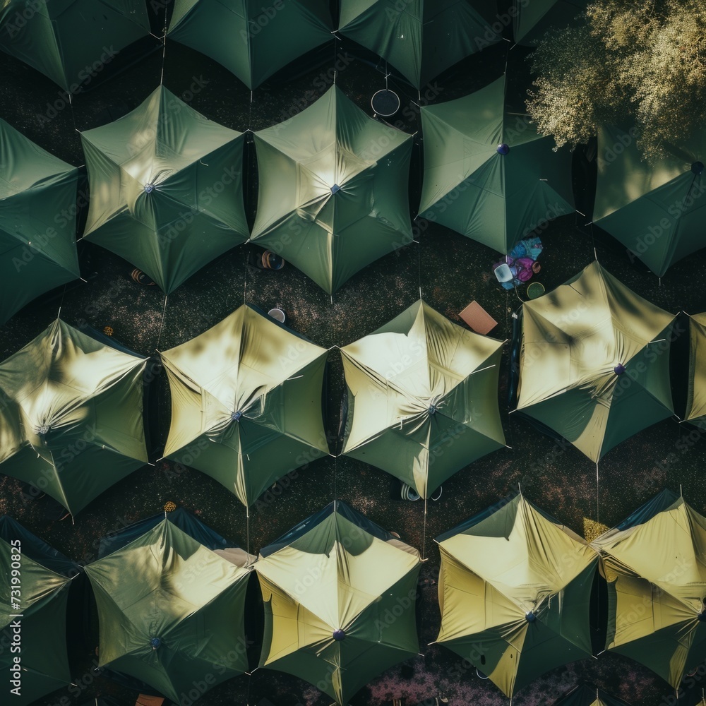 Overhead view of green umbrellas forming a tessellation, offering a ...