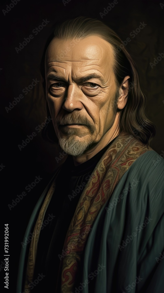 AI generated illustration of Alan Watts portrait on a dark background ...