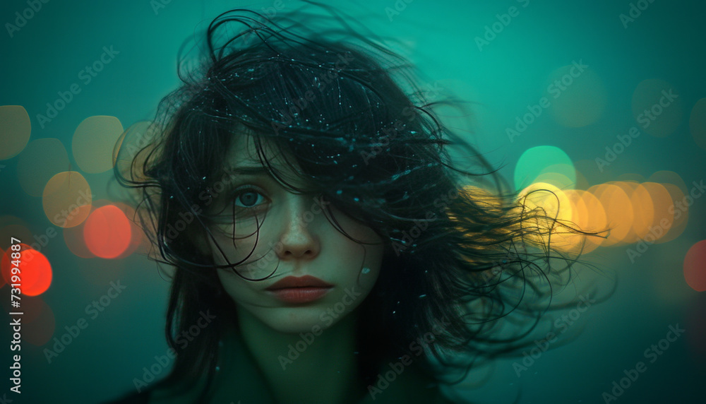 girls hair moving in the wind by night, hair in front of face, blurred ...