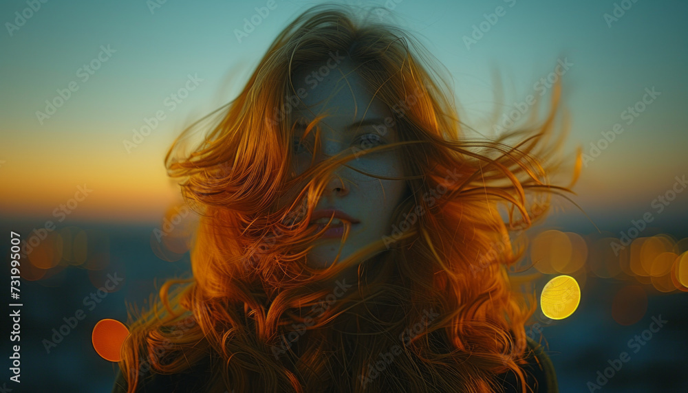 girls hair moving in the wind by night, hair in front of face, blurred ...