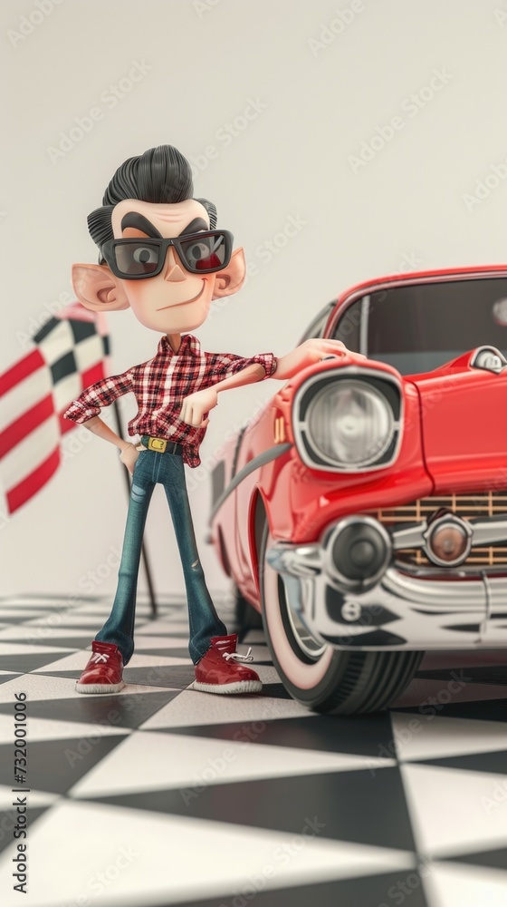 Cartoon digital avatars of Revved Up Racer Leaning against a vintage ...