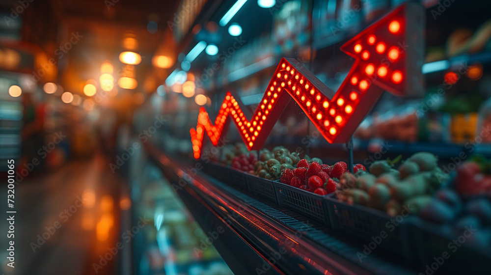 lights at night, Red growing up large arrow on abstract blur image of ...