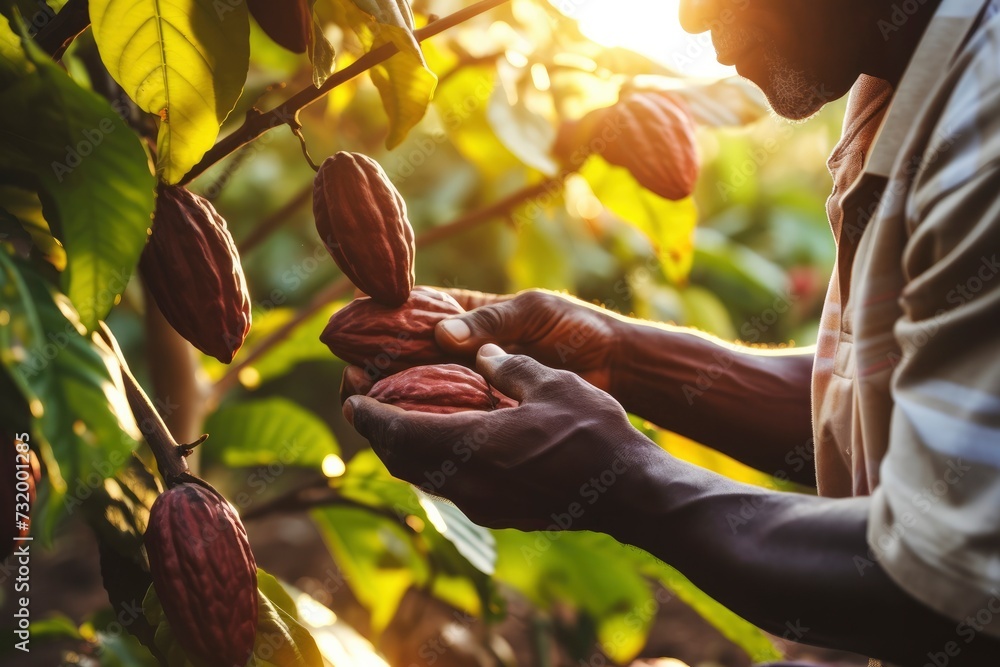 Hands of an African black male farmer pick cocoa pods from a tree ...