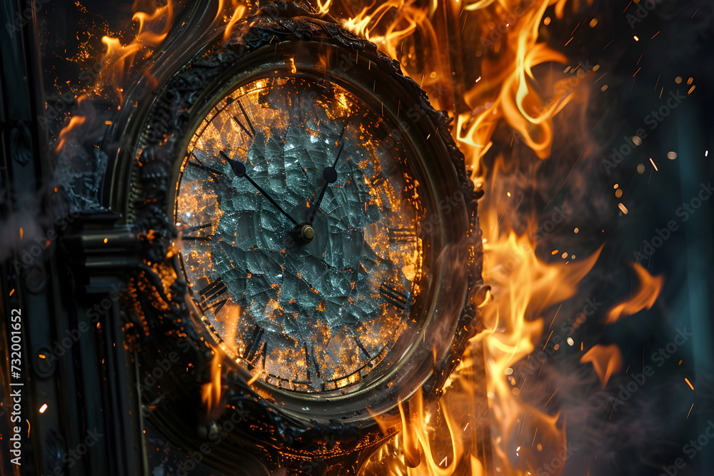 A haunting photograph of a clock with a shattered glass face, engulfed ...