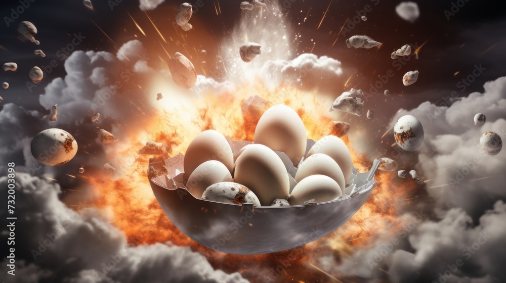 Eggs in a bowl amidst a fiery explosion with shattered pieces around ...