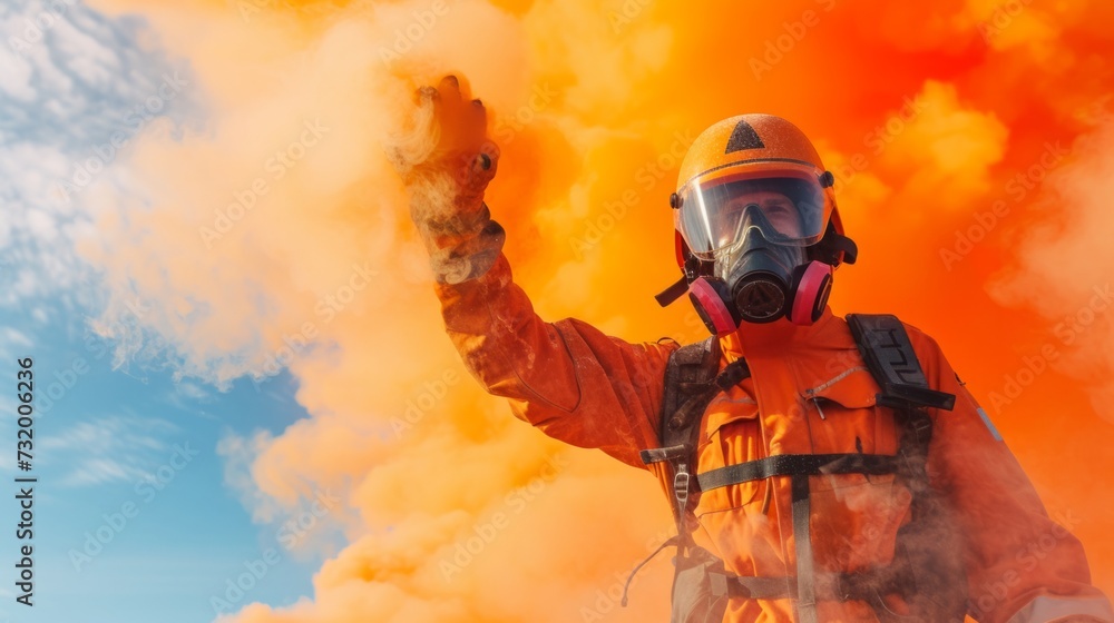 Rescue man in firefighter uniform and oxygen mask walk through orange ...