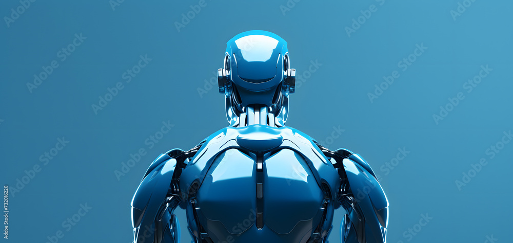 A realistic depiction of a futuristic robot standing, viewed from the ...