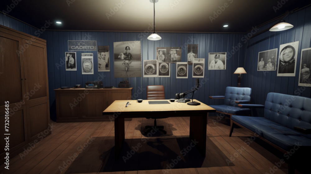 Moody interior of a detective's workplace, revealing the intensity of ...