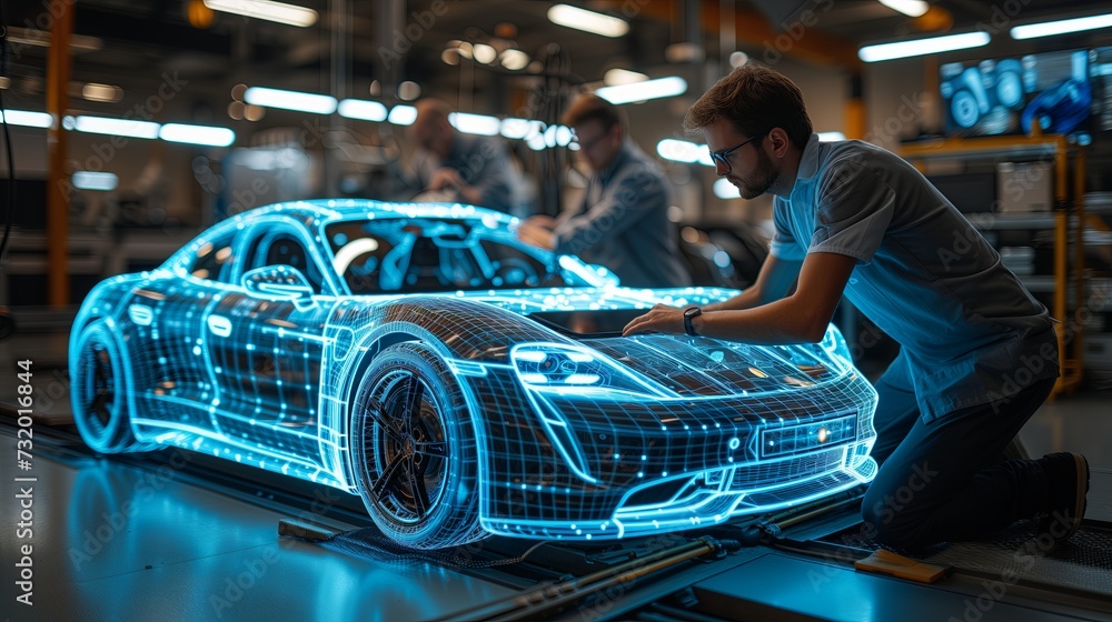 Automotive Engineer Working on Electric Car Platform, Using Tablet ...