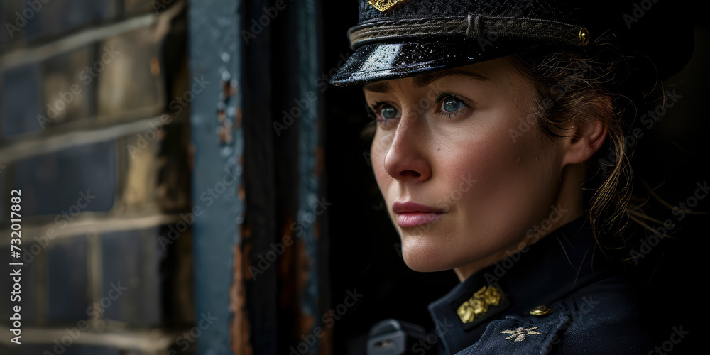 Profile of police woman wearing peaked caps, showcasing strength and ...