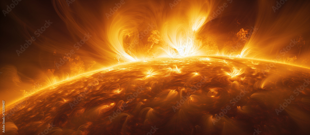Solar flash, explosion, mass ejection. Burning sun and space. Magnetic ...