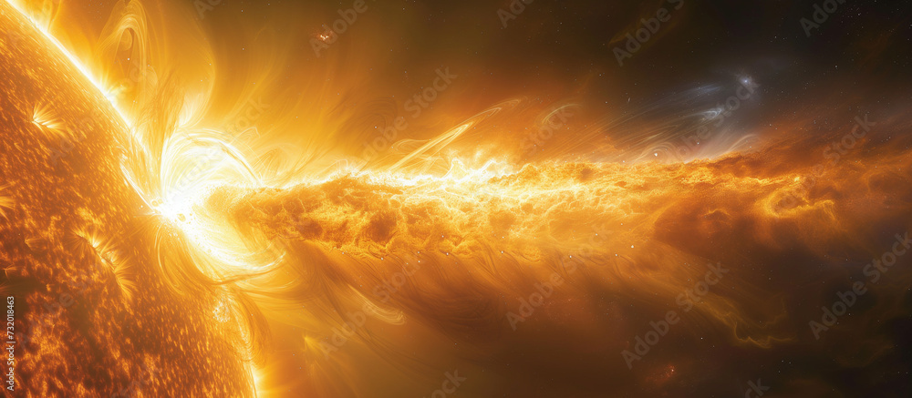 Solar flash, explosion, mass ejection. Burning sun and space. Magnetic ...