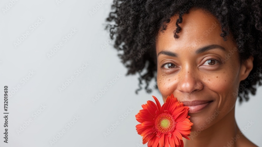Beauty, portrait and natural face of black mid aged woman with red ...