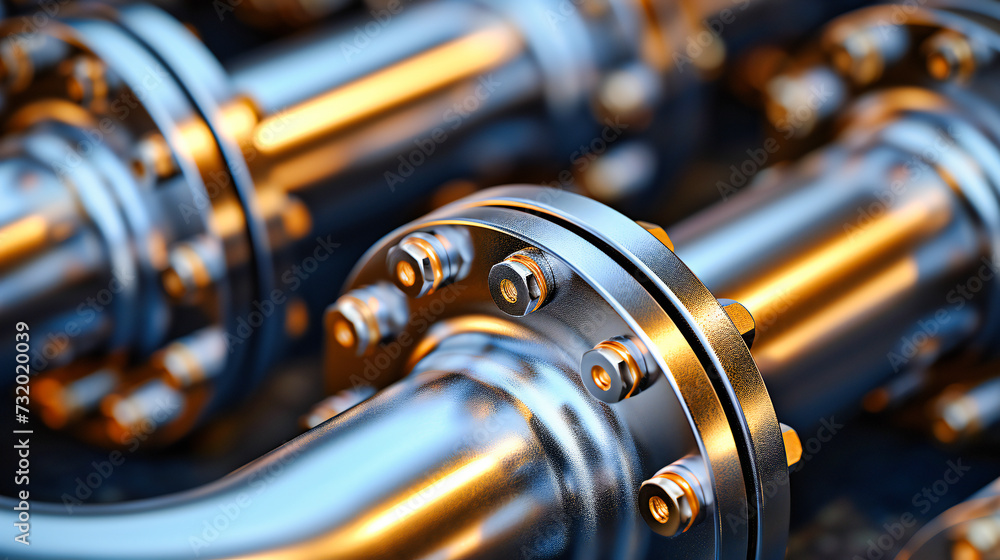 Detailed view of industrial metallic pipes and valves, emphasizing the ...