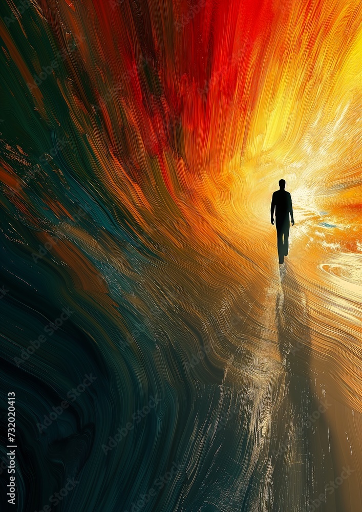 man walking tunnel deep flares city rising ashes lonely human path ...