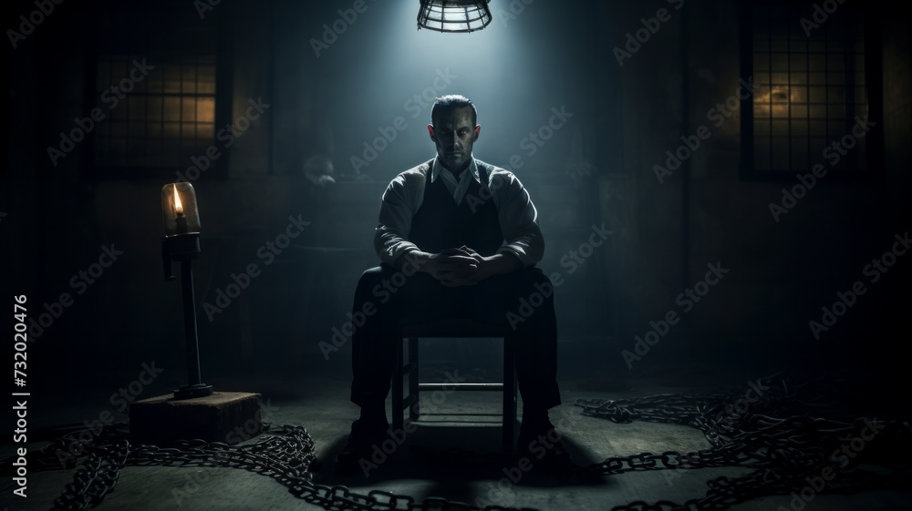 Scary, prisoner, sitting, chair, dark, gloomy, interview room, sinister ...