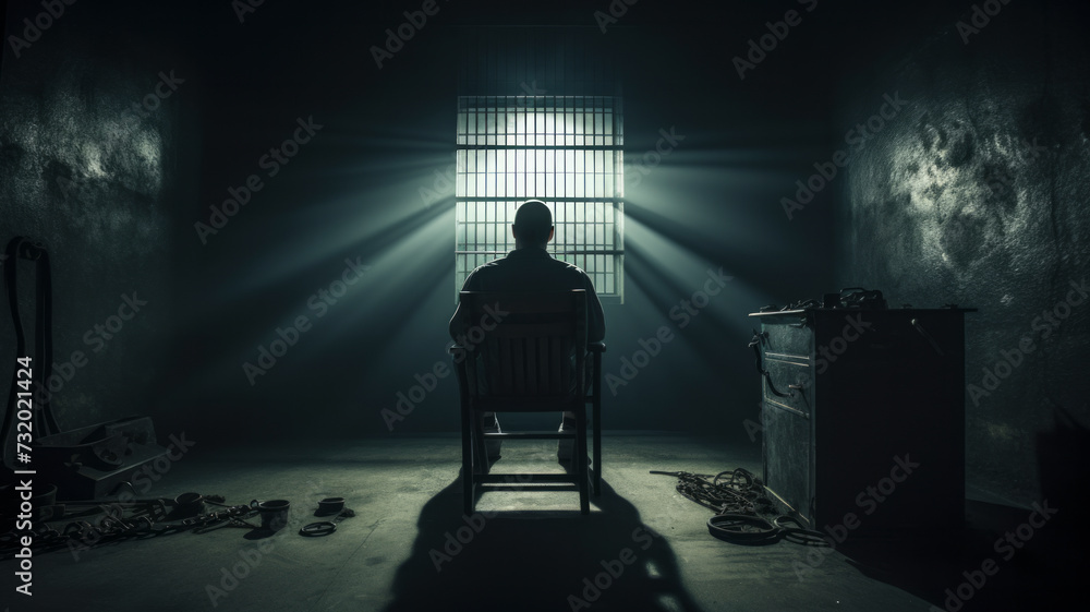 Scary, prisoner, sitting, chair, dark, gloomy, interview room, sinister ...