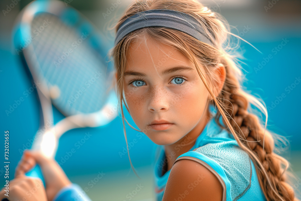 Motivated girl child tennis player plays at an international tennis ...
