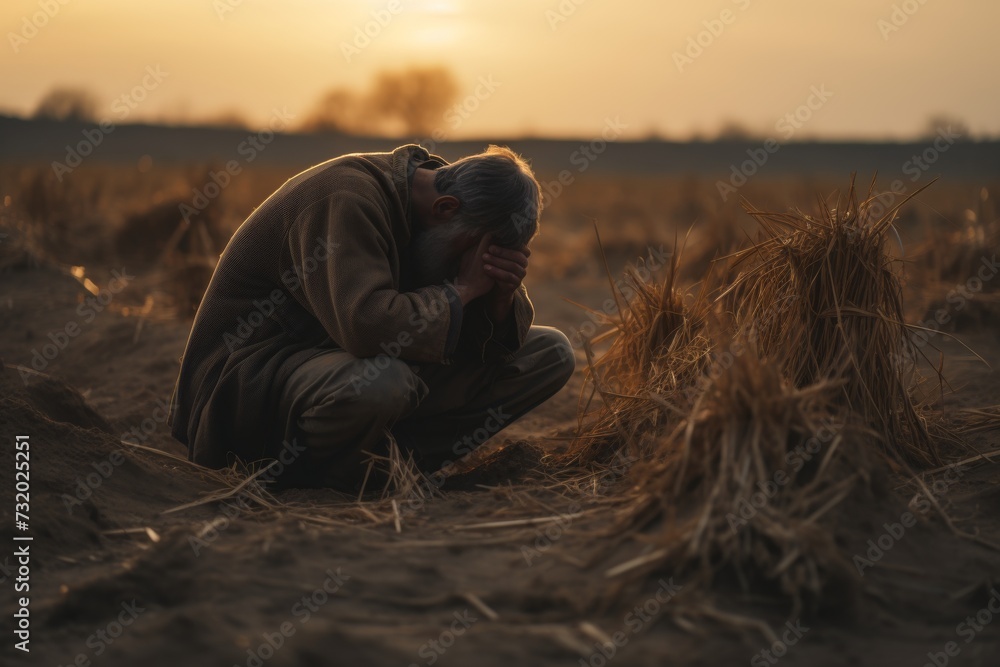 Pious christian man bowing his head in deep prayer before the sacred ...