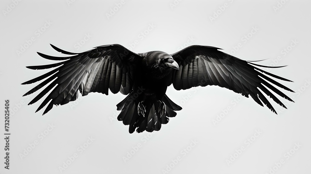 Majestic black raven in flight against a grey backdrop. wildlife ...