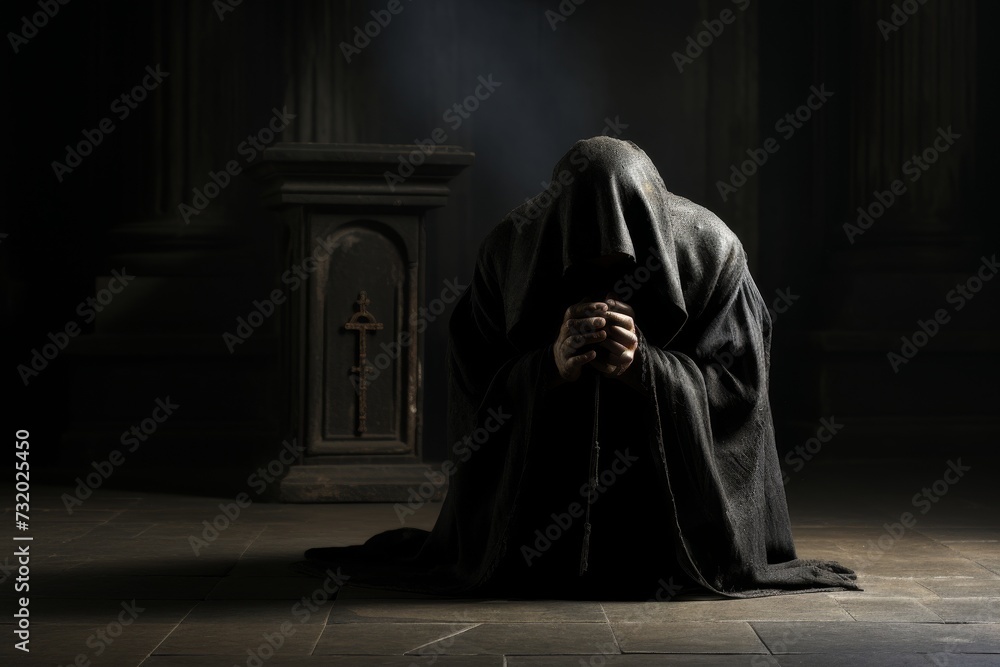Faithful christian devotee engaged in prayers of adoration before the ...