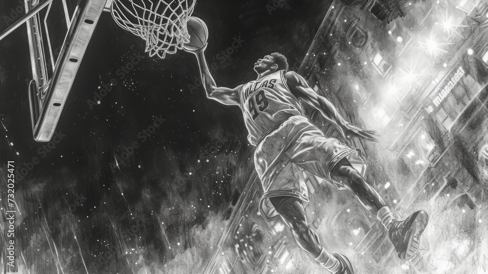 Dynamic urban basketball sketch in charcoal and pencil captures the ...