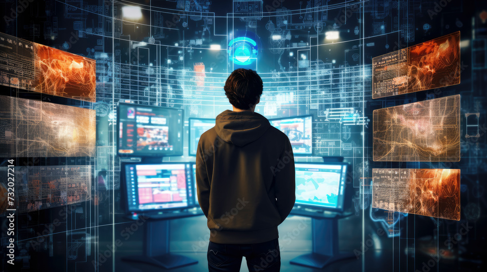 Futuristic workspace with a young programmer immersed in coding AI ...