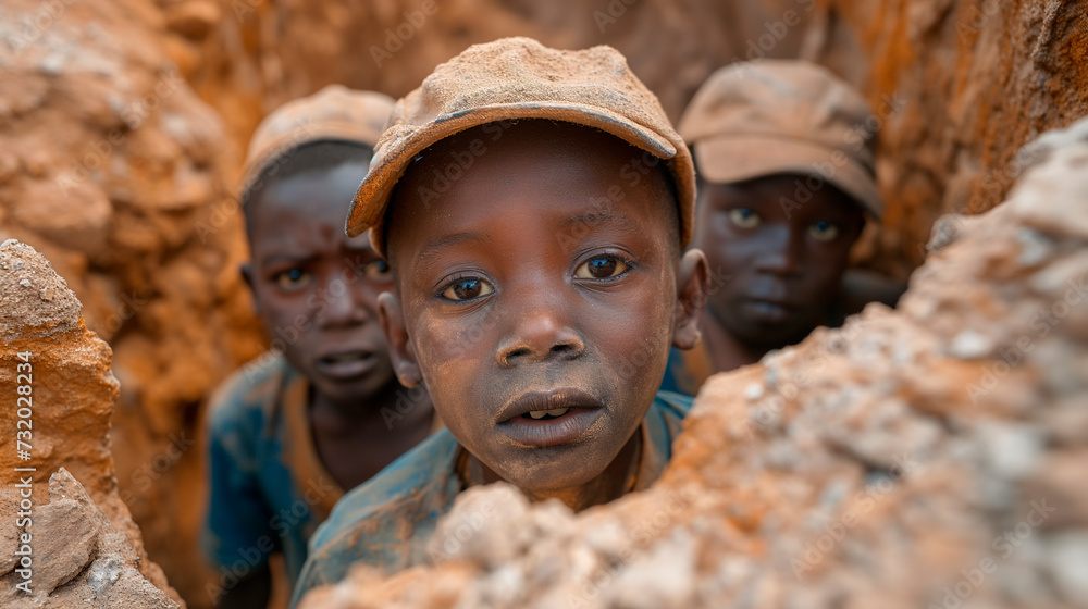 Niños tabajando en una mina en el corazón de Africa. Ejemplo de ...