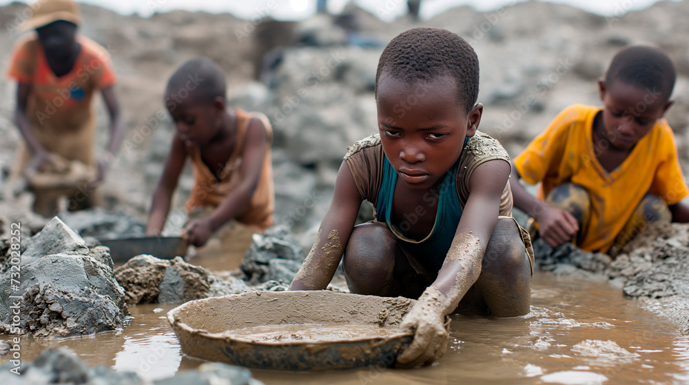 Niños tabajando en una mina en el corazón de Africa. Ejemplo de ...