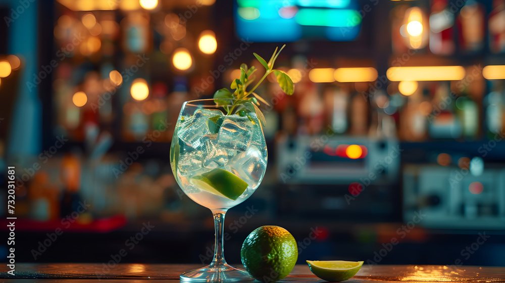 Cinematic wide angle photograph of a gin tonic sparkling cocktail with ...