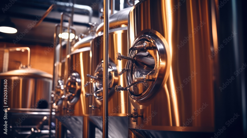 Interior of brewery, large steel storage tanks for brewing beer. Stock ...