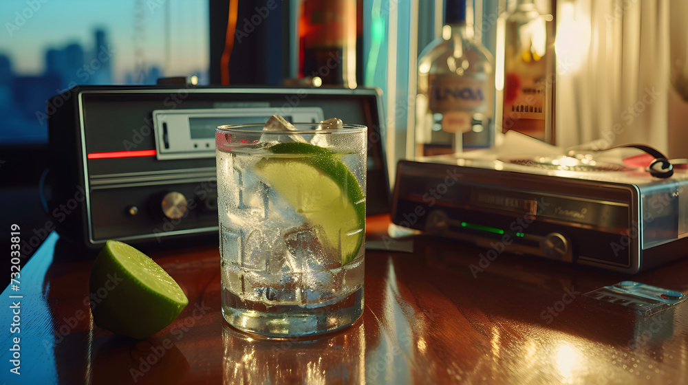 Cinematic wide angle photograph of a gin tonic sparkling cocktail with ...