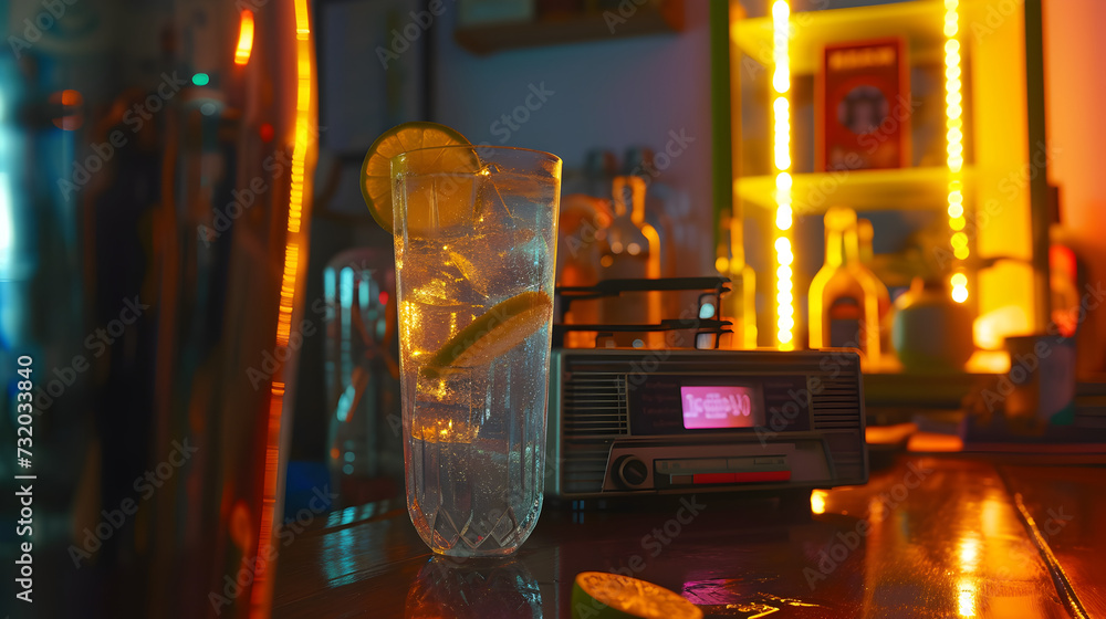 Cinematic wide angle photograph of a gin tonic sparkling cocktail with ...