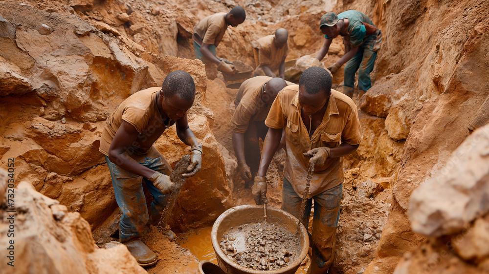 Hombres trabajando en una mina en el corazón de Africa. Ejemplo de ...