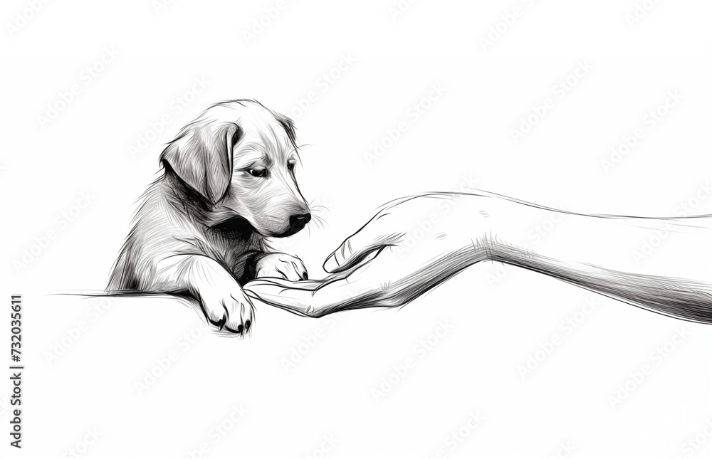 Drawing of a woman's hand and a small puppy. Black and white drawing of ...