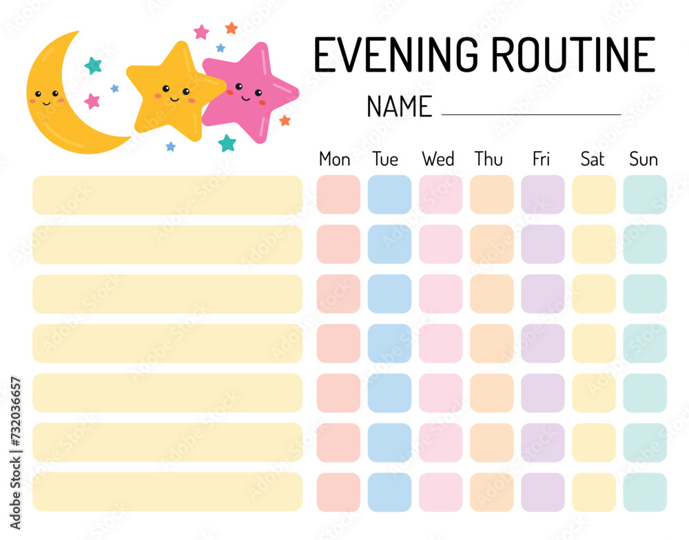 Evening checklist for kids. Evening routine tracker for children. Daily ...