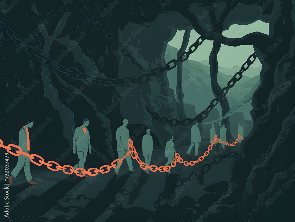 Mysterious Dark Forest Journey - People Chained in a Line Illustration ...