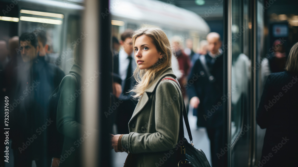Professional, white female commuter in elegant trench coat waits at ...